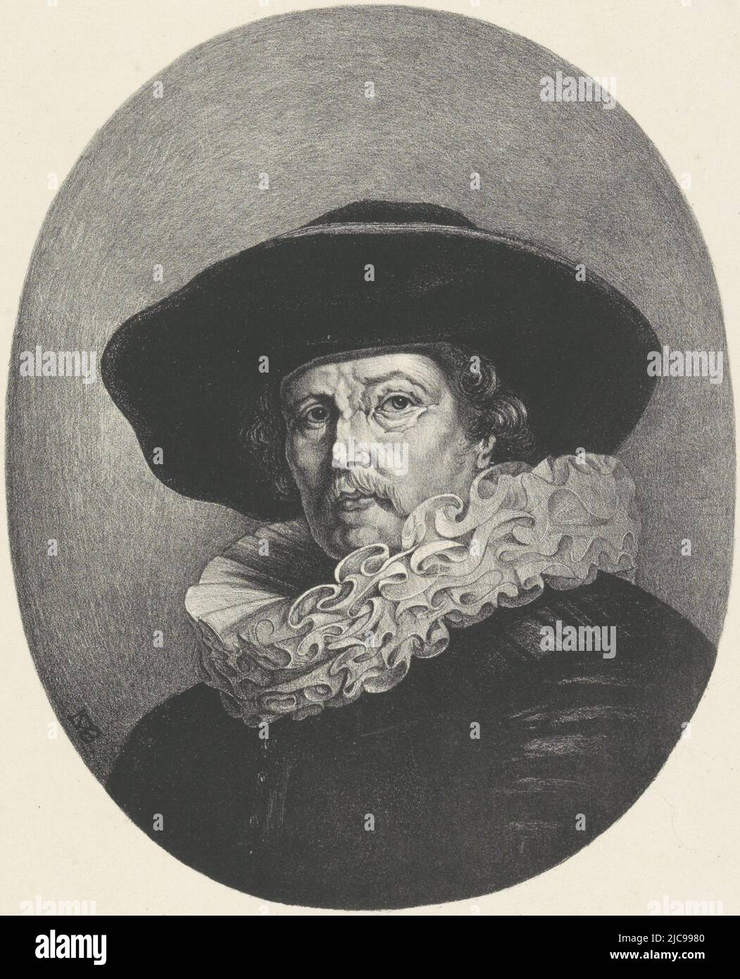 The person portrayed is shown in an oval and wearing a hat and ...