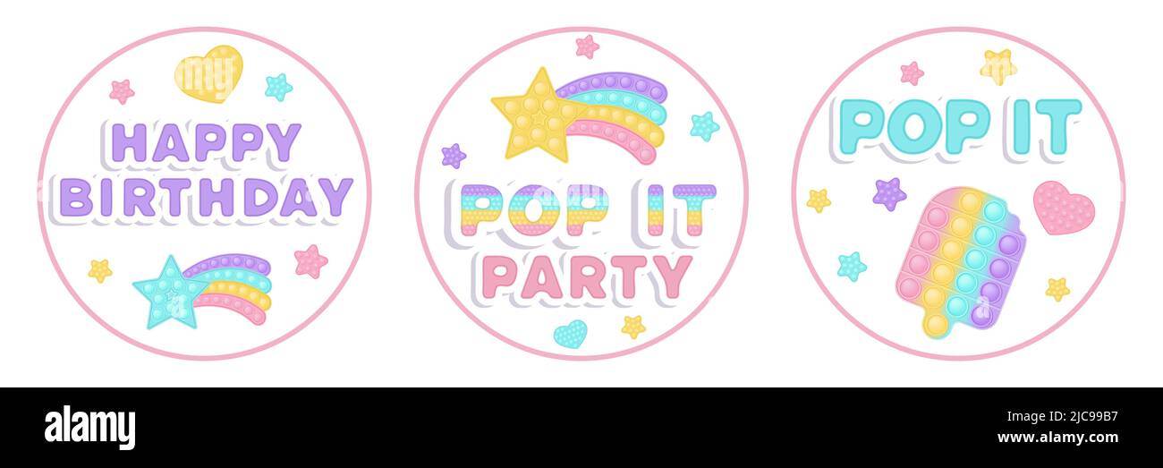 Set of three Birthday favor tags popi it fidget toy vector design with ...