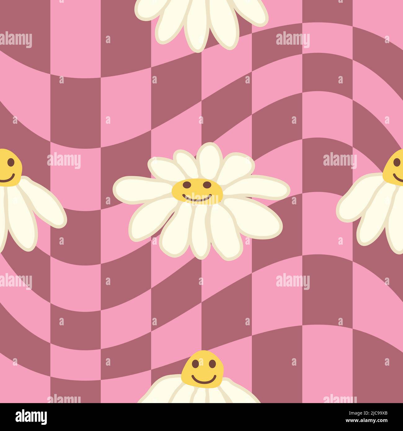 Retro Smile Chamomile Seamless Pattern on 1970 Wavy Swirl Seamless ...