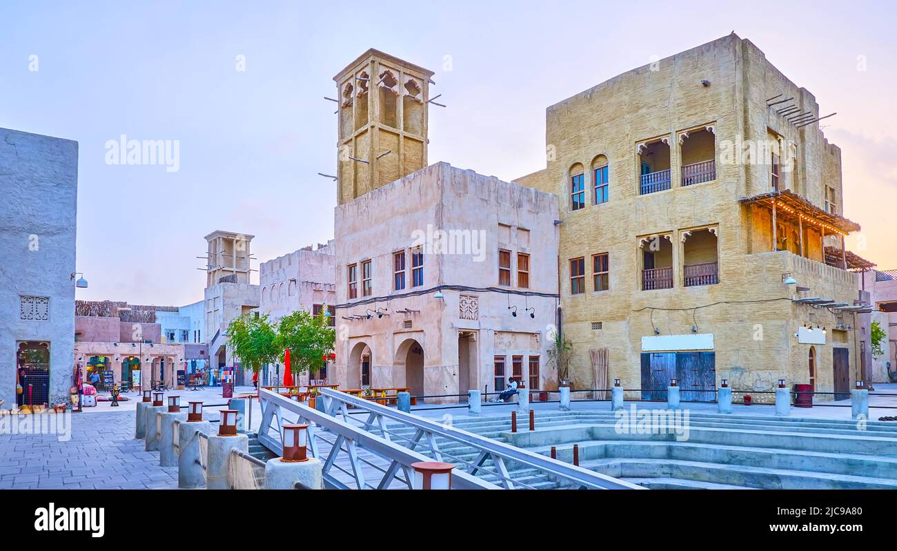Panorama of Al Seef embankment of Dubai Creek with traditional adobe ...