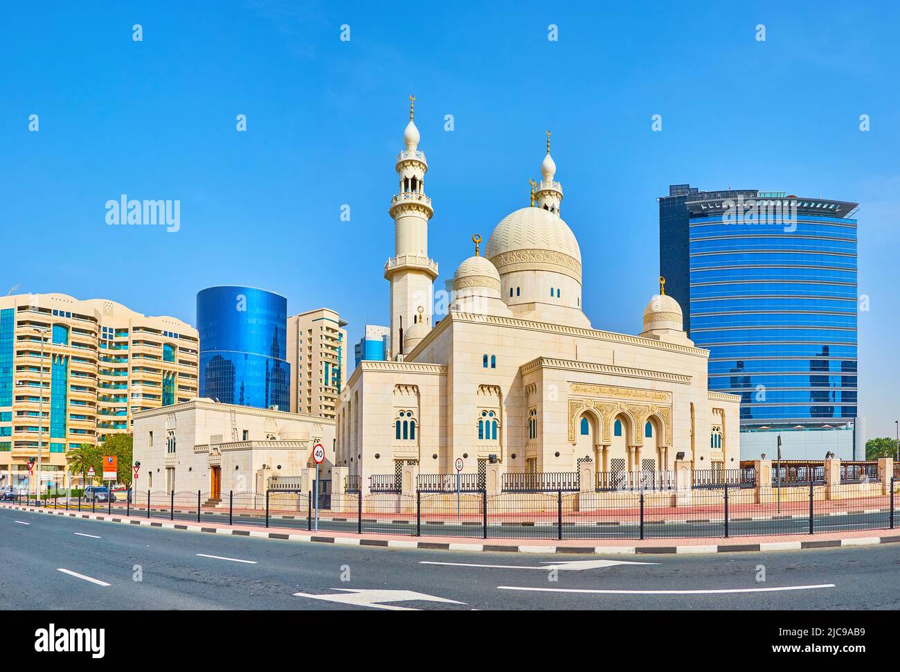 Panorama of Deira district housing with Al Yaqub Mosque and modern ...