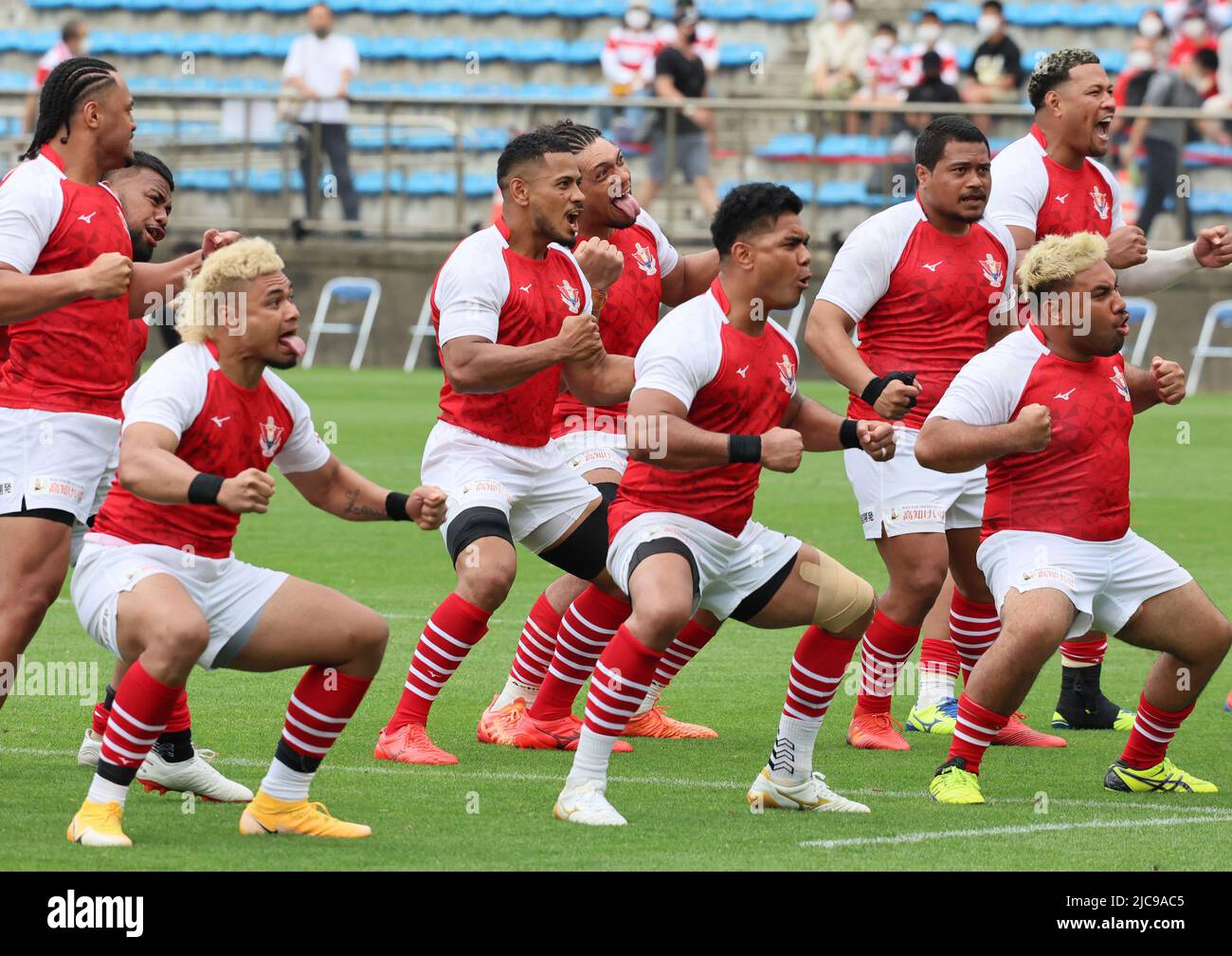 June 11, 2022, Tokyo, Japan - Tonga Samurai XV players perform a war ...