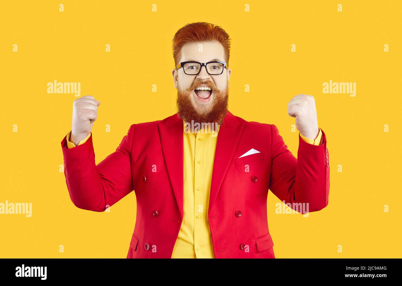 Funny happy excited fat man in red suit and glasses celebrating success ...