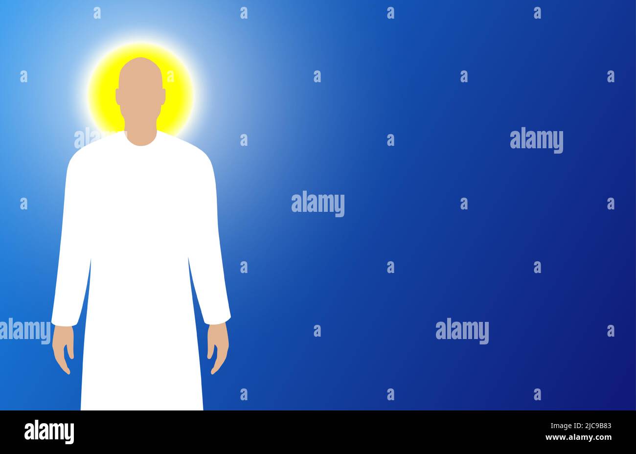White saint man with a round yellow halo standing on a blue horizontal ...