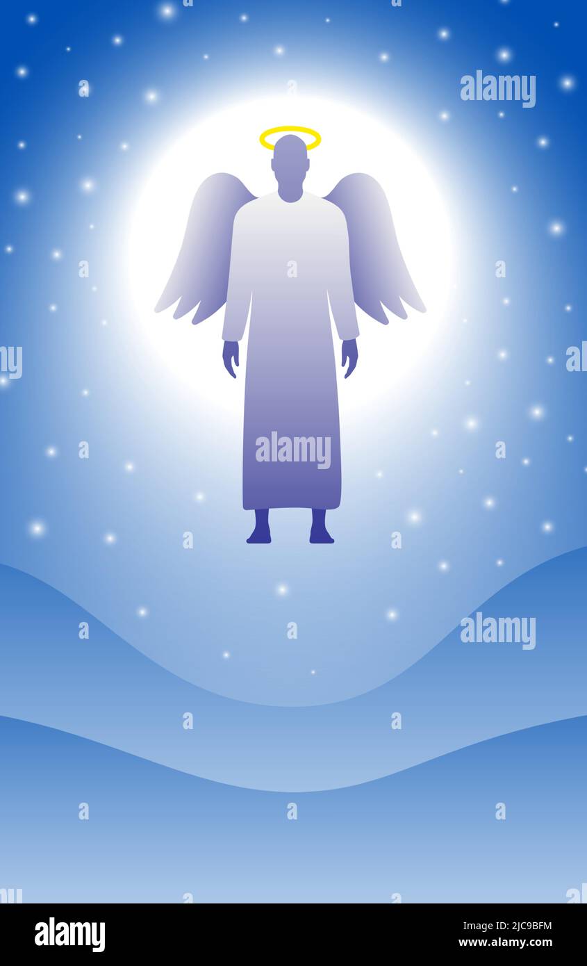 Angel flying in the sky on a blue starry night sky background with a ...