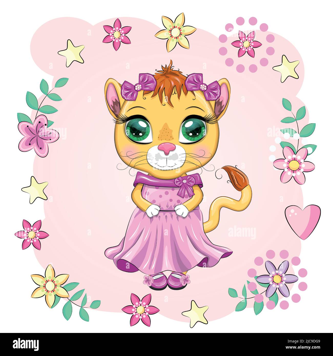 Cartoon lioness in a beautiful dress with bows and flowers. Festive ...