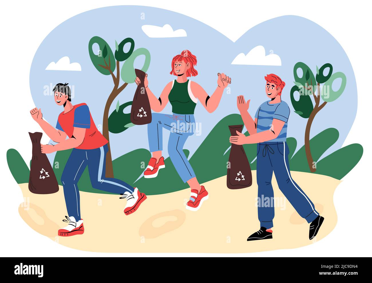 Plogging ecological marathon banner with people running with eco trash ...