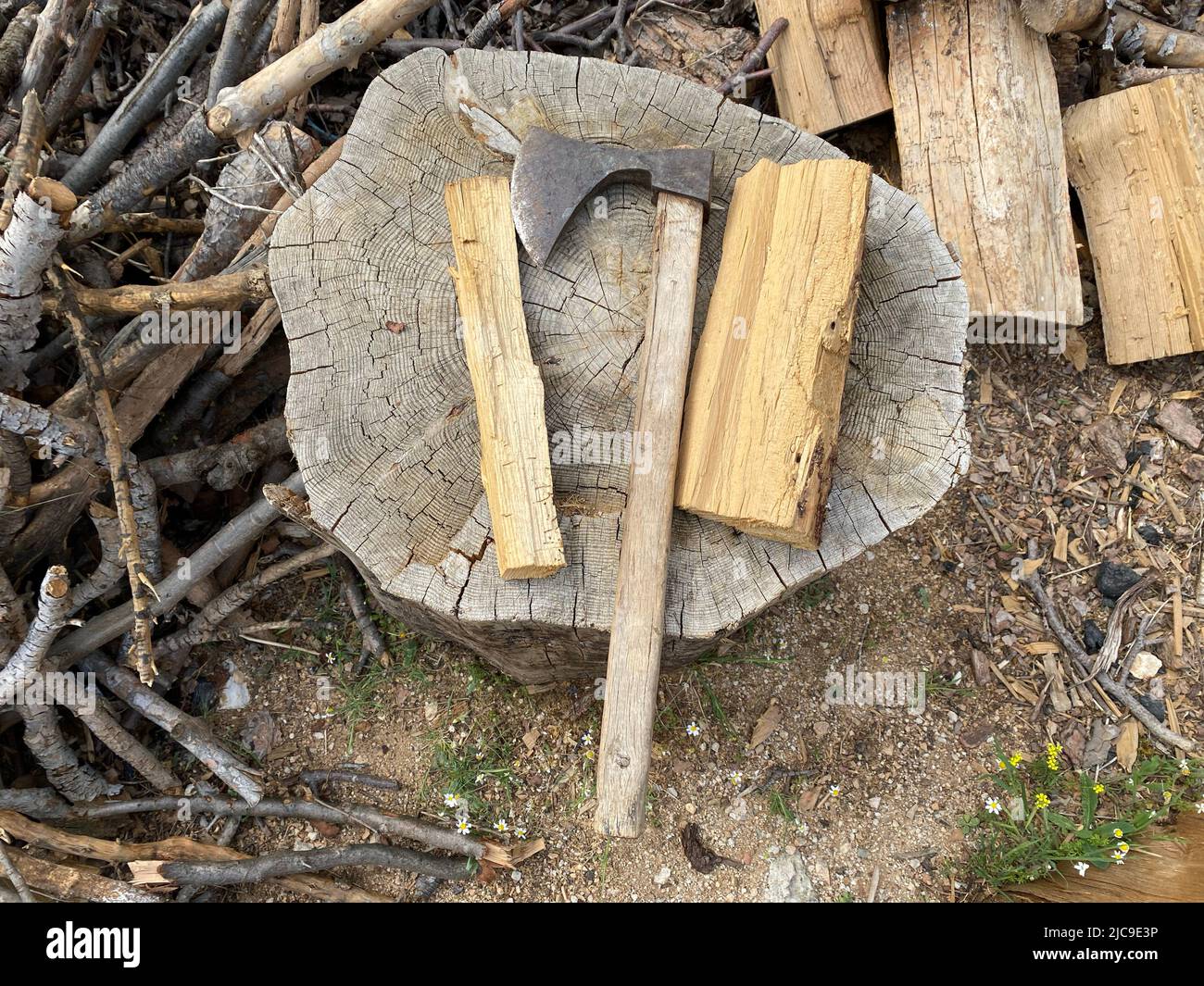 Ax and chopped wood on tree stump. top view of axe and woods Stock ...