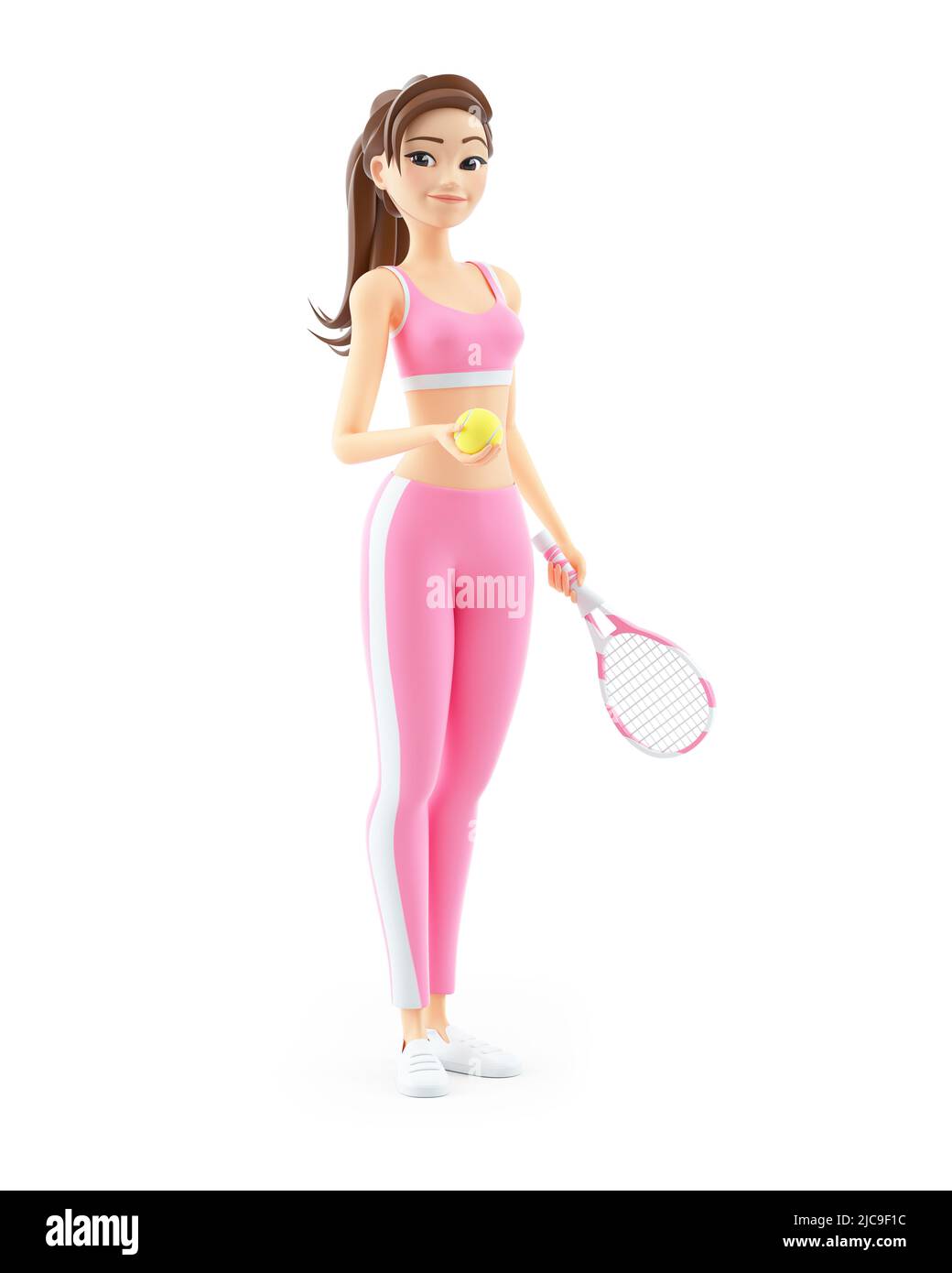 3d sporty woman holding tennis racket and ball, illustration isolated ...