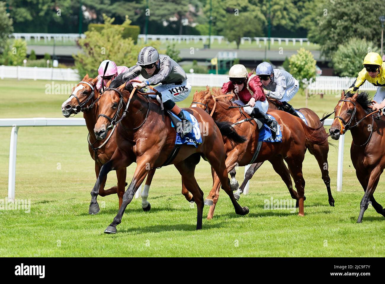 Jockey David Egan riding Mitbaahy to victory in the Coral Scurry Stakes ...