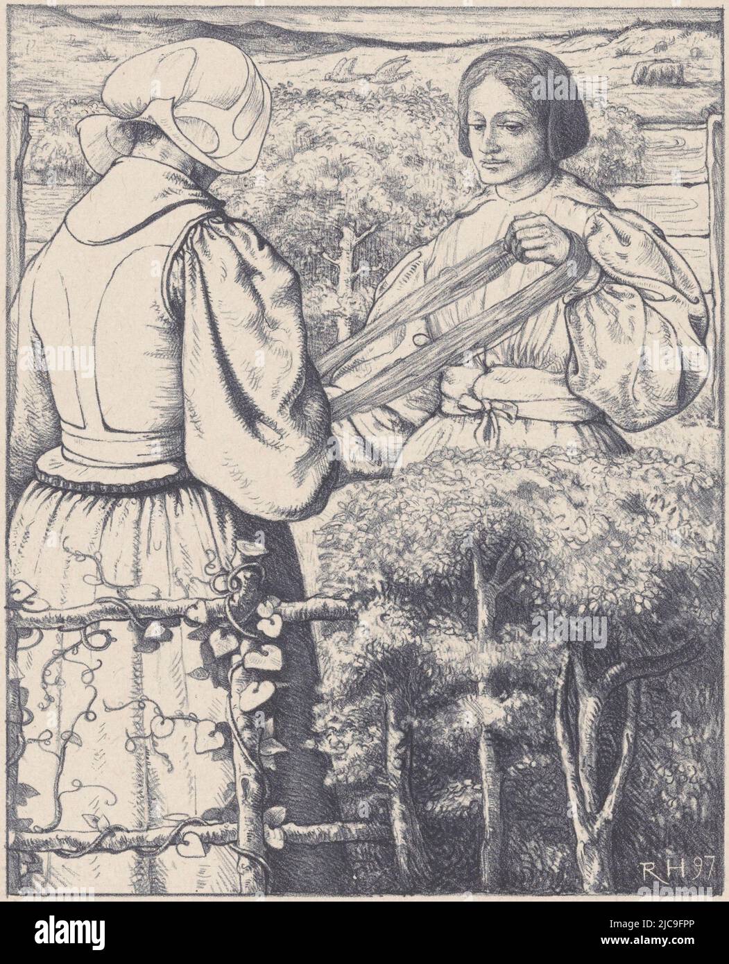 Two girls in Huizer costume wind yarn together in a garden. In the ...