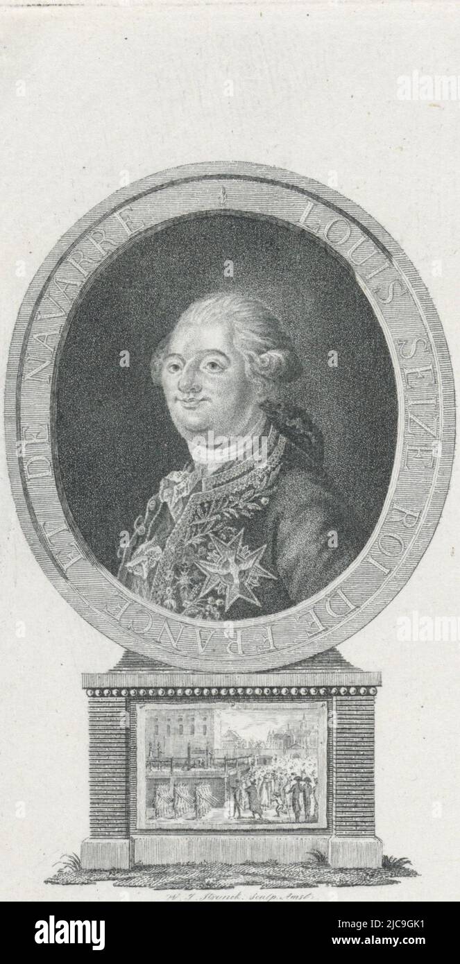 Portrait of Louis XVI, King of France, in an oval frame on a pedestal ...