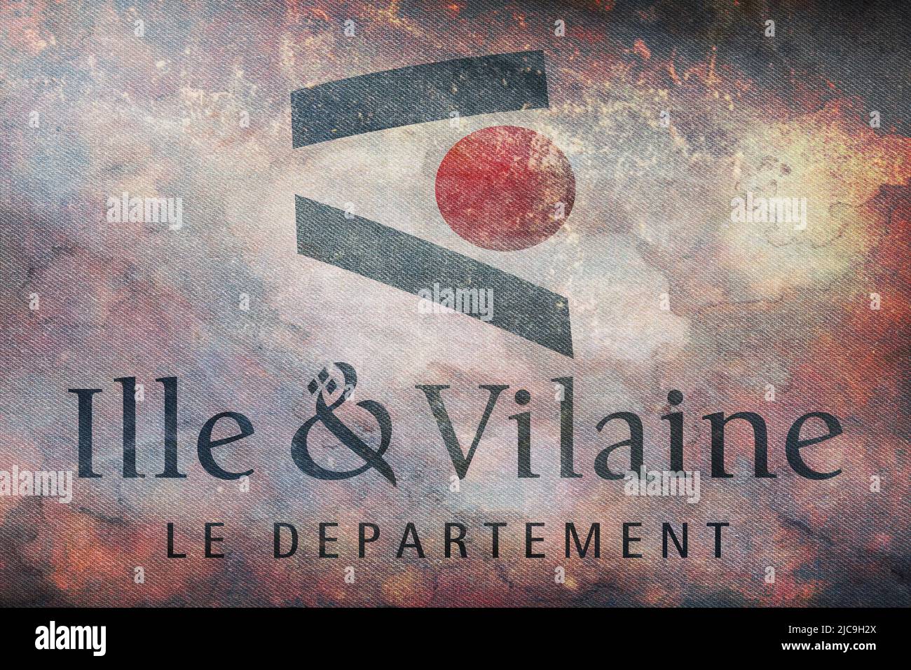 Top view of retroflag department of Ille et Vilaine, France with grunge ...