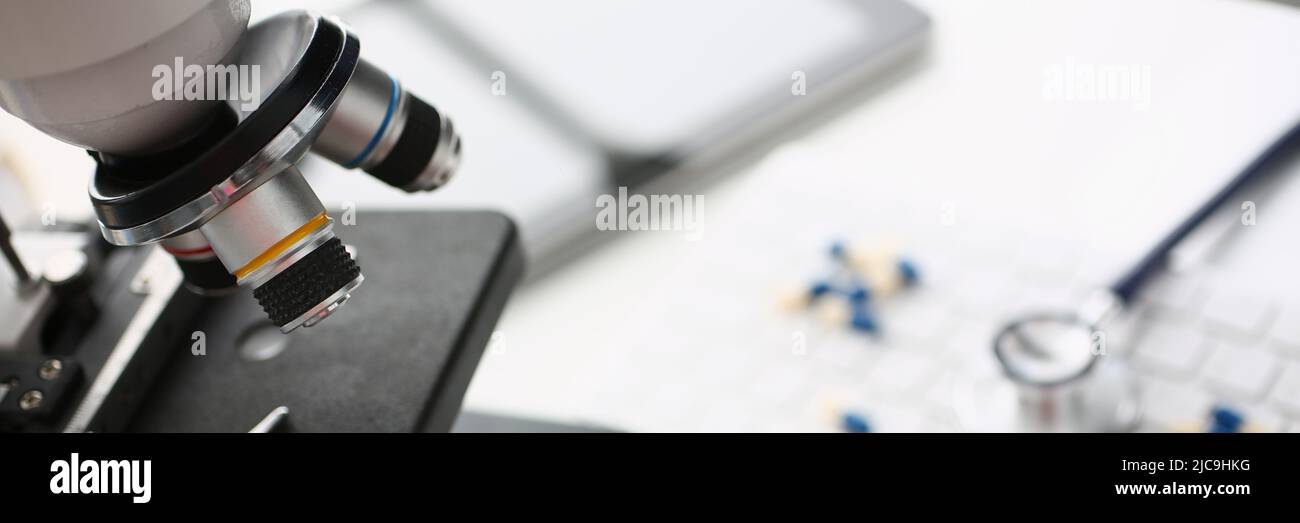 Modern microscope in biological laboratory for science investigations ...