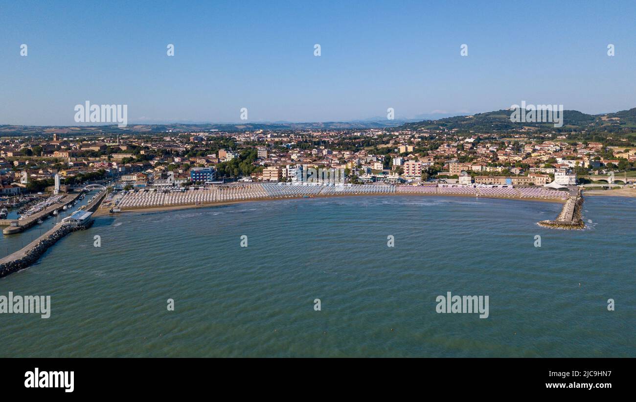 Italy, June 2022; aerial view of Fano with its sea, beaches, port ...