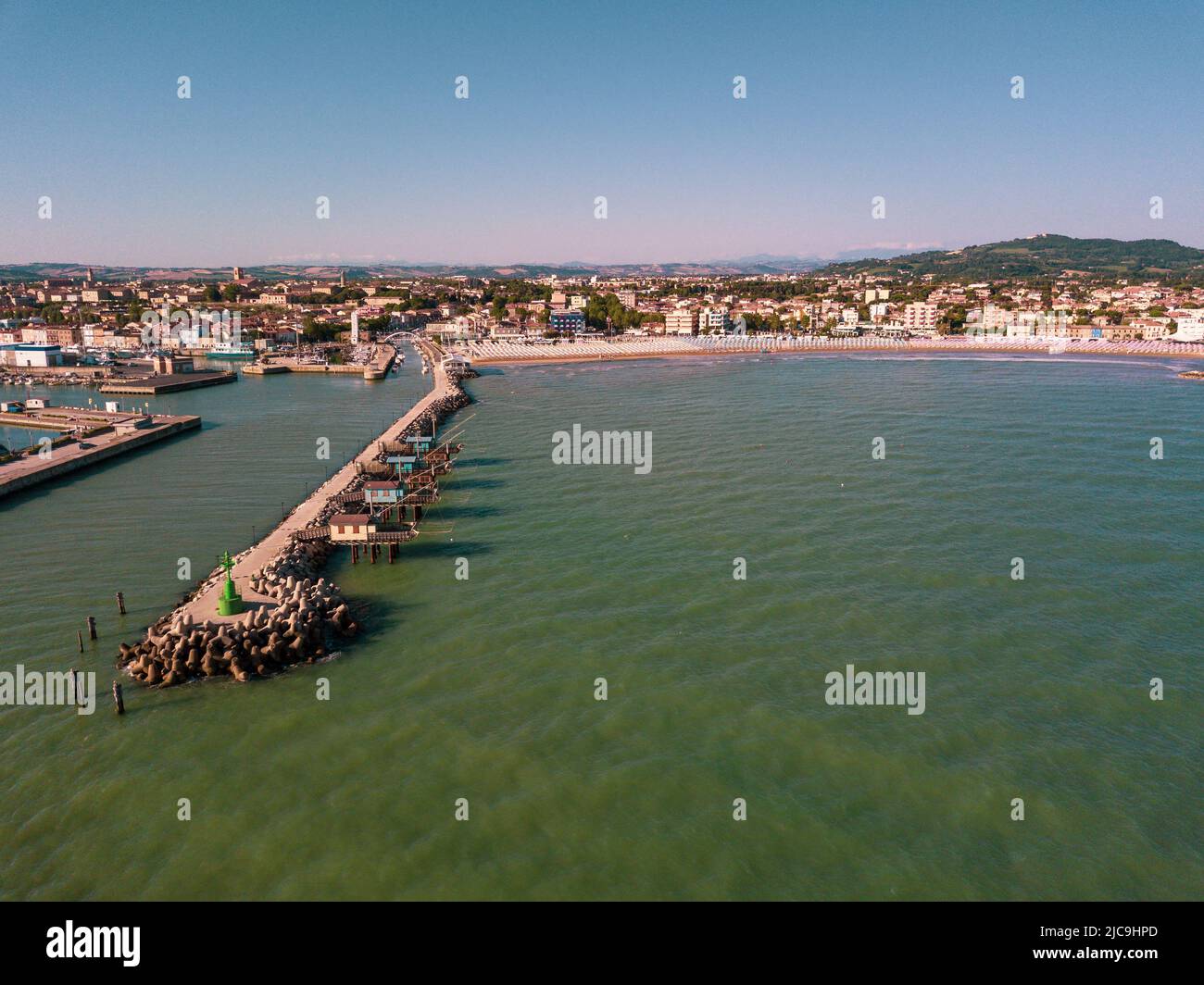 Italy, June 2022; aerial view of Fano with its sea, beaches, port ...