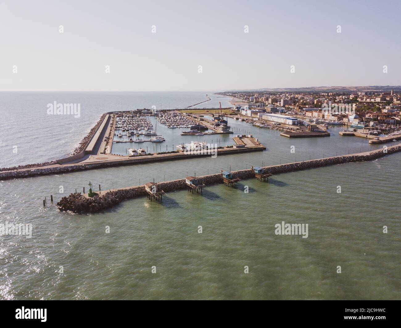 Italy, June 2022; aerial view of Fano with its sea, beaches, port ...