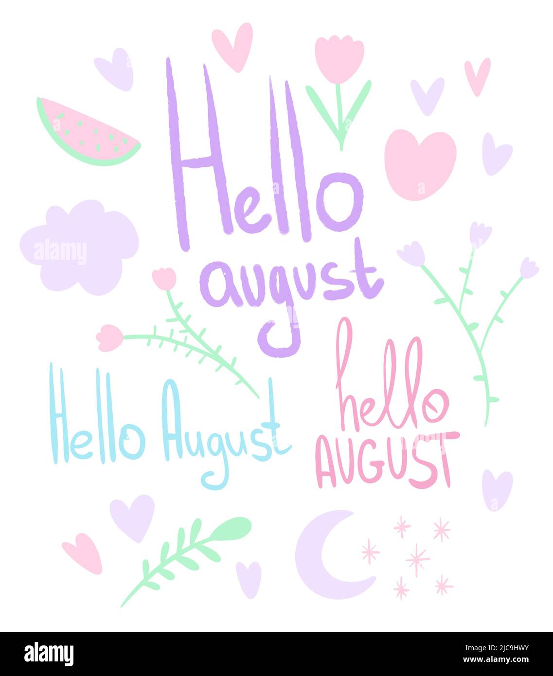 Vector illustration card with inscription Hello august. Hand drawn ...