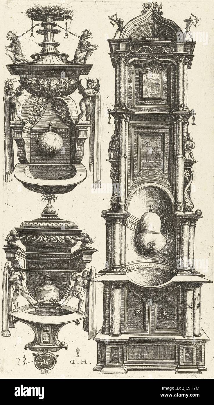 Sheet with three designs for washbasins, print maker: Daniel Hopfer (I ...