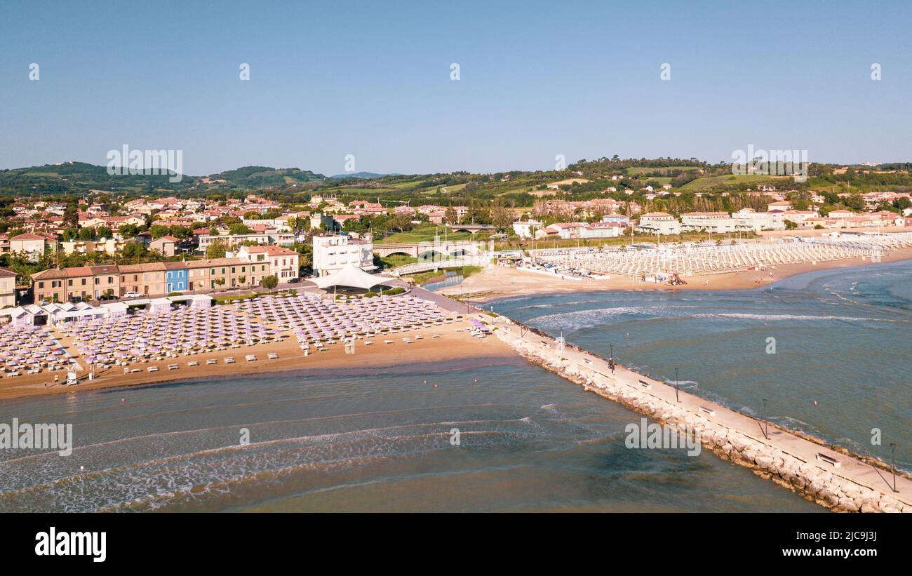 Italy, June 2022; aerial view of Fano with its sea, beaches, port ...