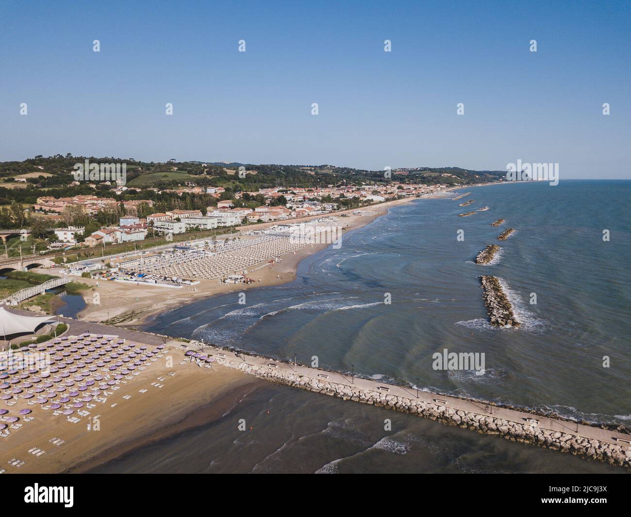 Italy, June 2022; aerial view of Fano with its sea, beaches, port ...
