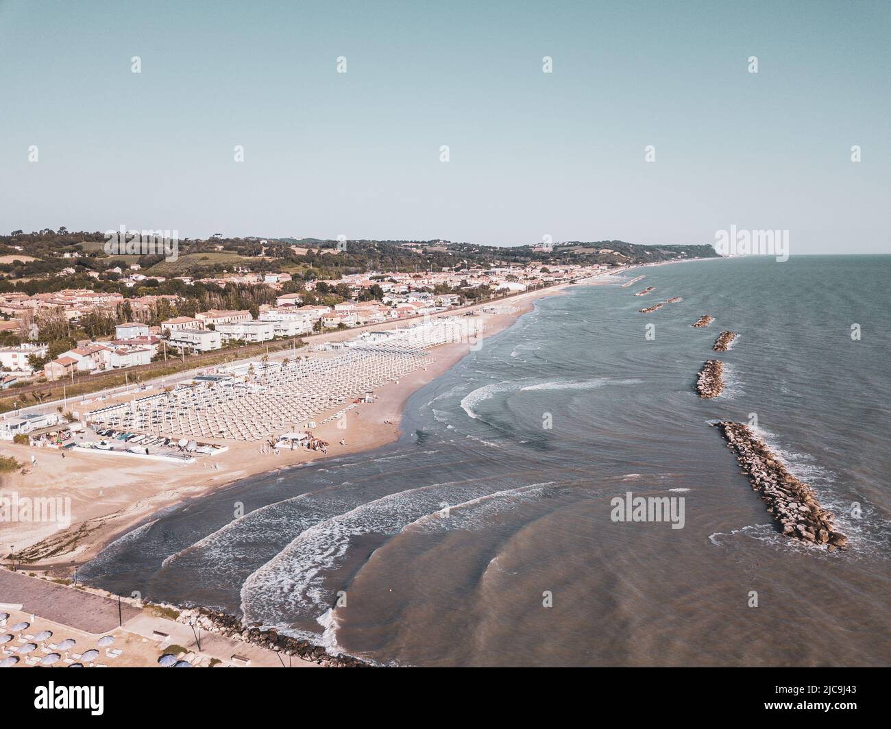 Italy, June 2022; aerial view of Fano with its sea, beaches, port ...