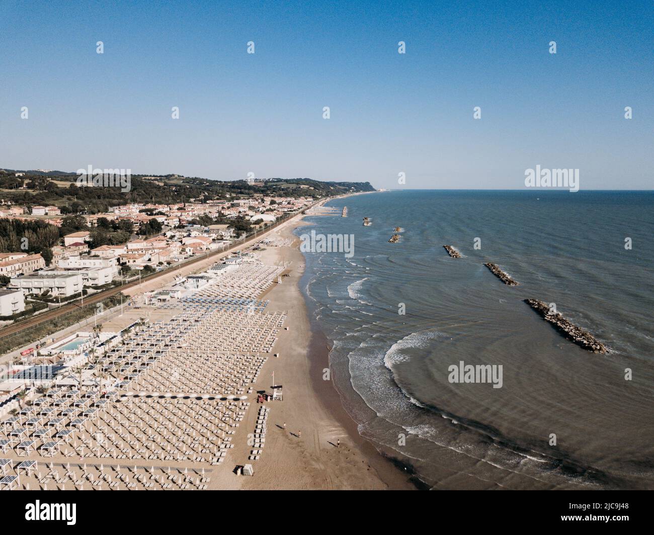 Italy, June 2022; aerial view of Fano with its sea, beaches, port ...