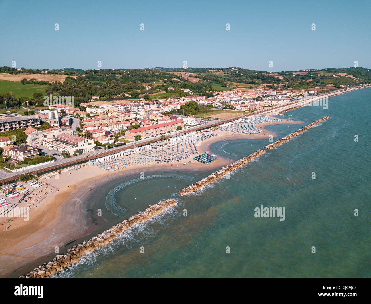 Italy, June 2022; aerial view of Fano with its sea, beaches, port ...