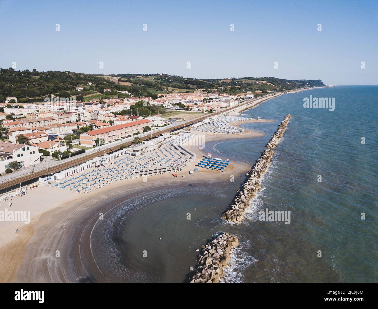 Italy, June 2022; aerial view of Fano with its sea, beaches, port ...