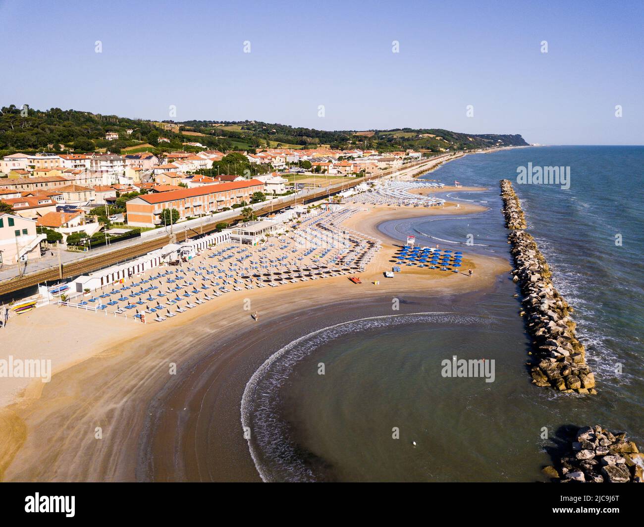 Italy, June 2022; aerial view of Fano with its sea, beaches, port ...
