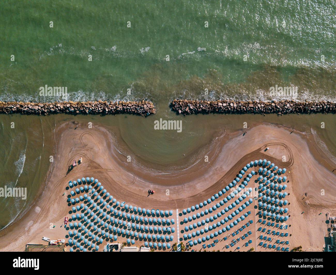 Italy, June 2022; aerial view of Fano with its sea, beaches, port ...