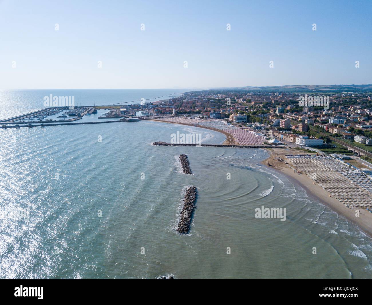 Italy, June 2022; aerial view of Fano with its sea, beaches, port ...