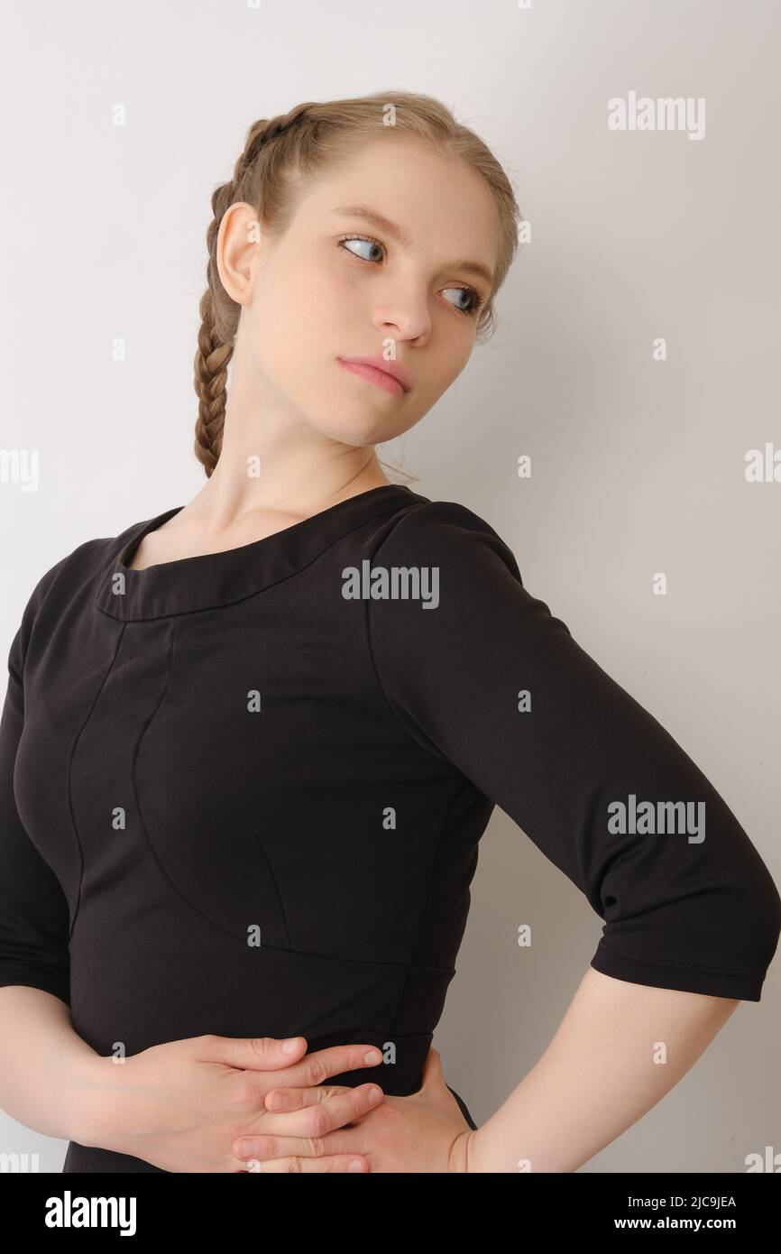 Plus size fashion model in black dress, fat woman on white background ...