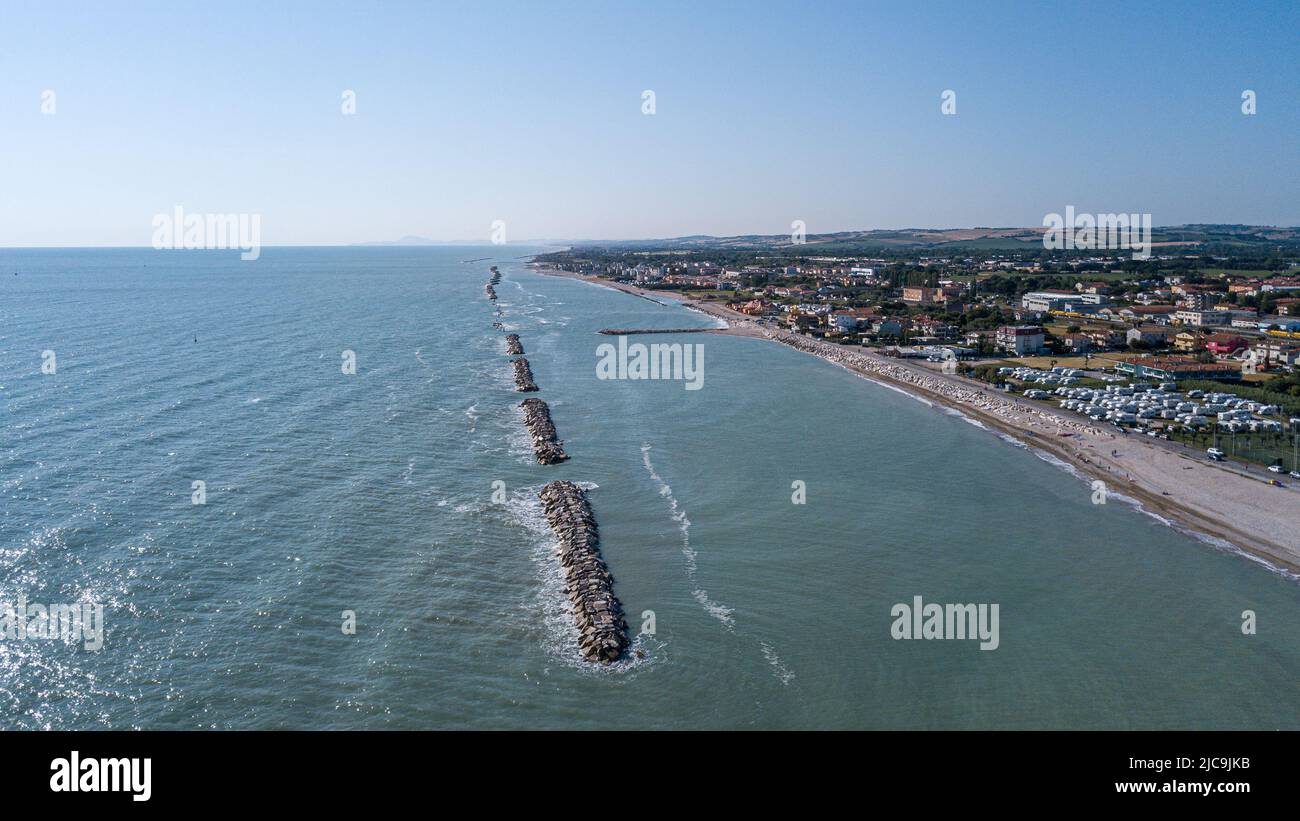 Italy, June 2022; aerial view of Fano with its sea, beaches, port ...