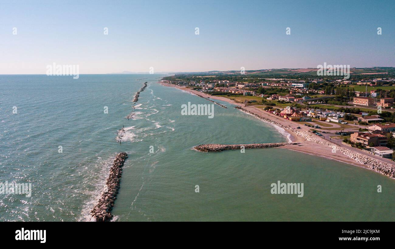 Italy, June 2022; aerial view of Fano with its sea, beaches, port ...
