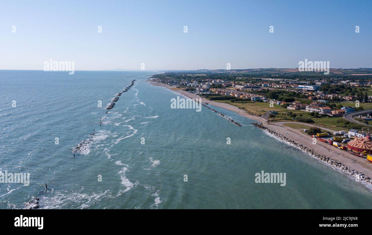 Italy, June 2022; aerial view of Fano with its sea, beaches, port ...