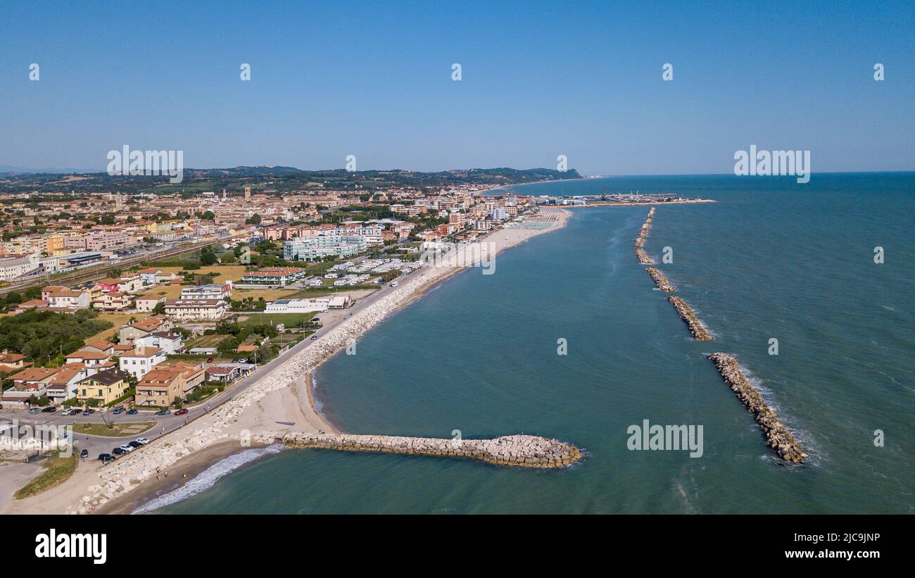 Italy, June 2022; aerial view of Fano with its sea, beaches, port ...