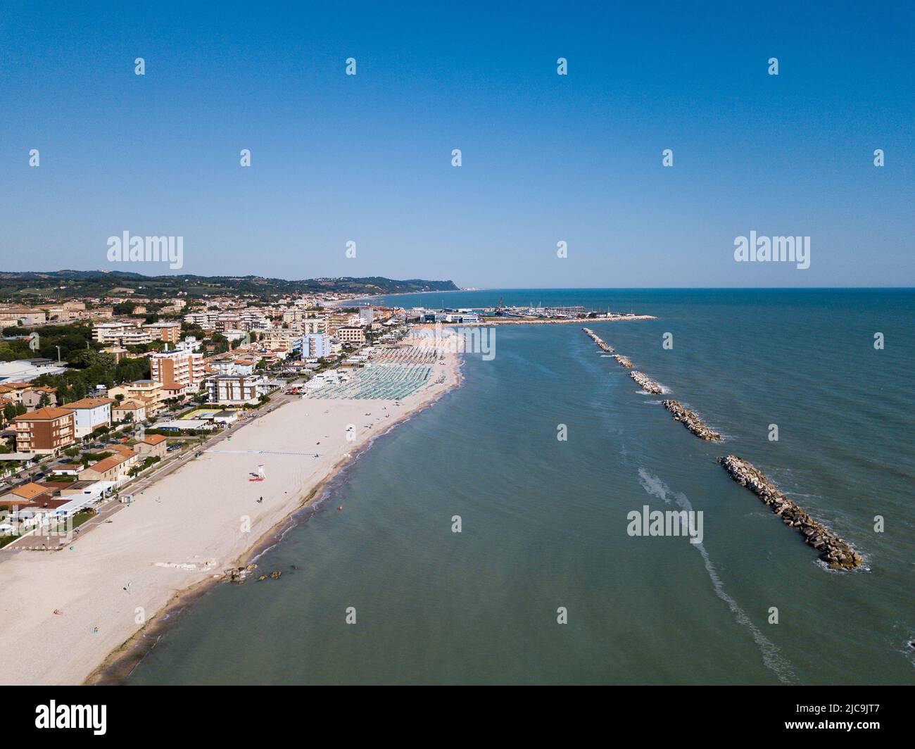 Italy, June 2022; aerial view of Fano with its sea, beaches, port ...