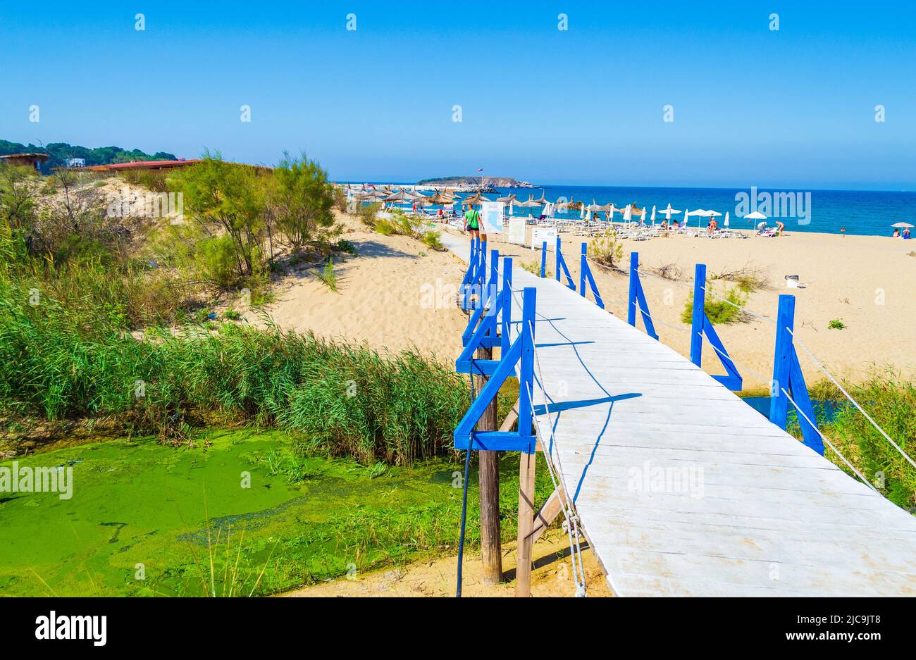 Wooden alley on sand dunes leading to rhe beach, Bulgarian Black Sea ...