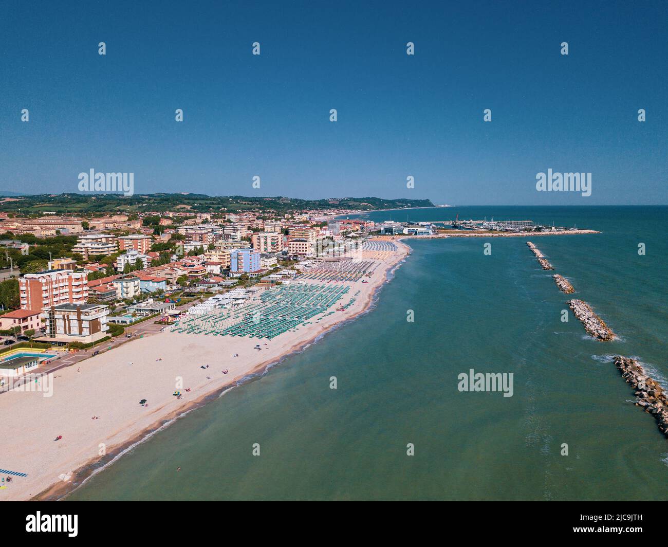 Italy, June 2022; aerial view of Fano with its sea, beaches, port ...