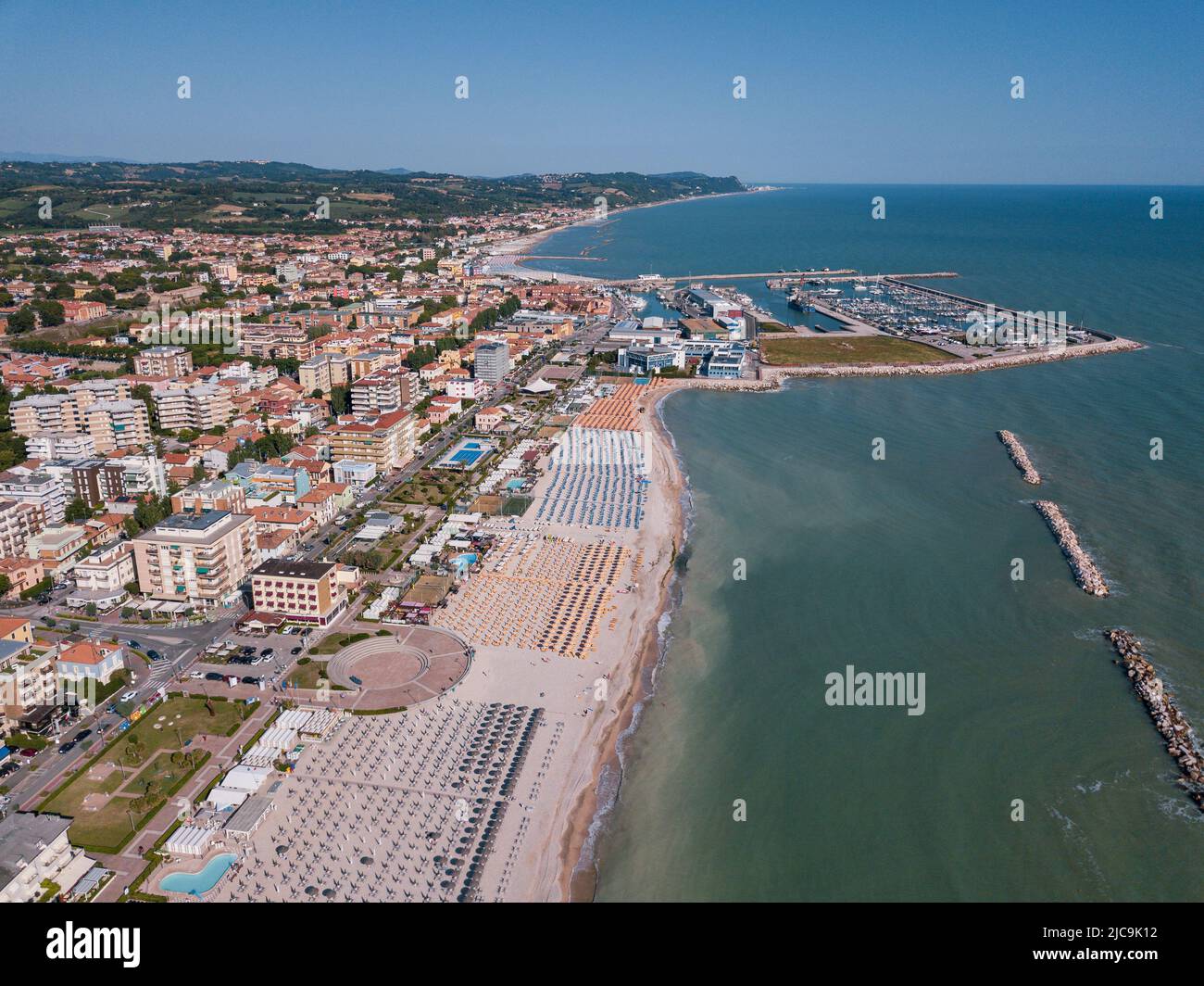 Italy, June 2022; aerial view of Fano with its sea, beaches, port ...