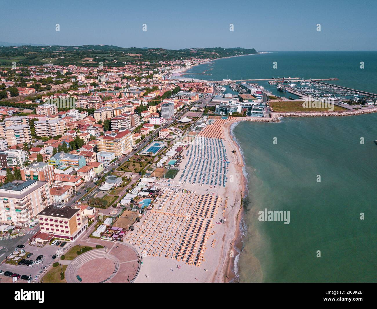 Italy, June 2022; aerial view of Fano with its sea, beaches, port ...
