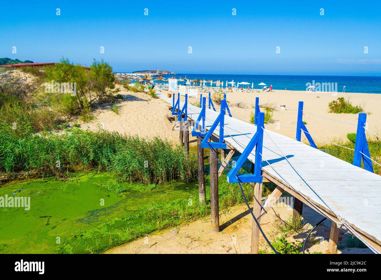 Wooden alley on sand dunes leading to rhe beach, Bulgarian Black Sea ...