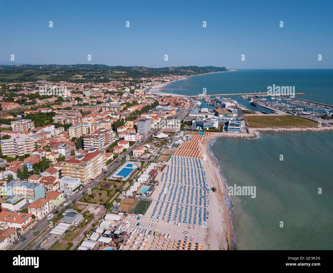Italy, June 2022; aerial view of Fano with its sea, beaches, port ...