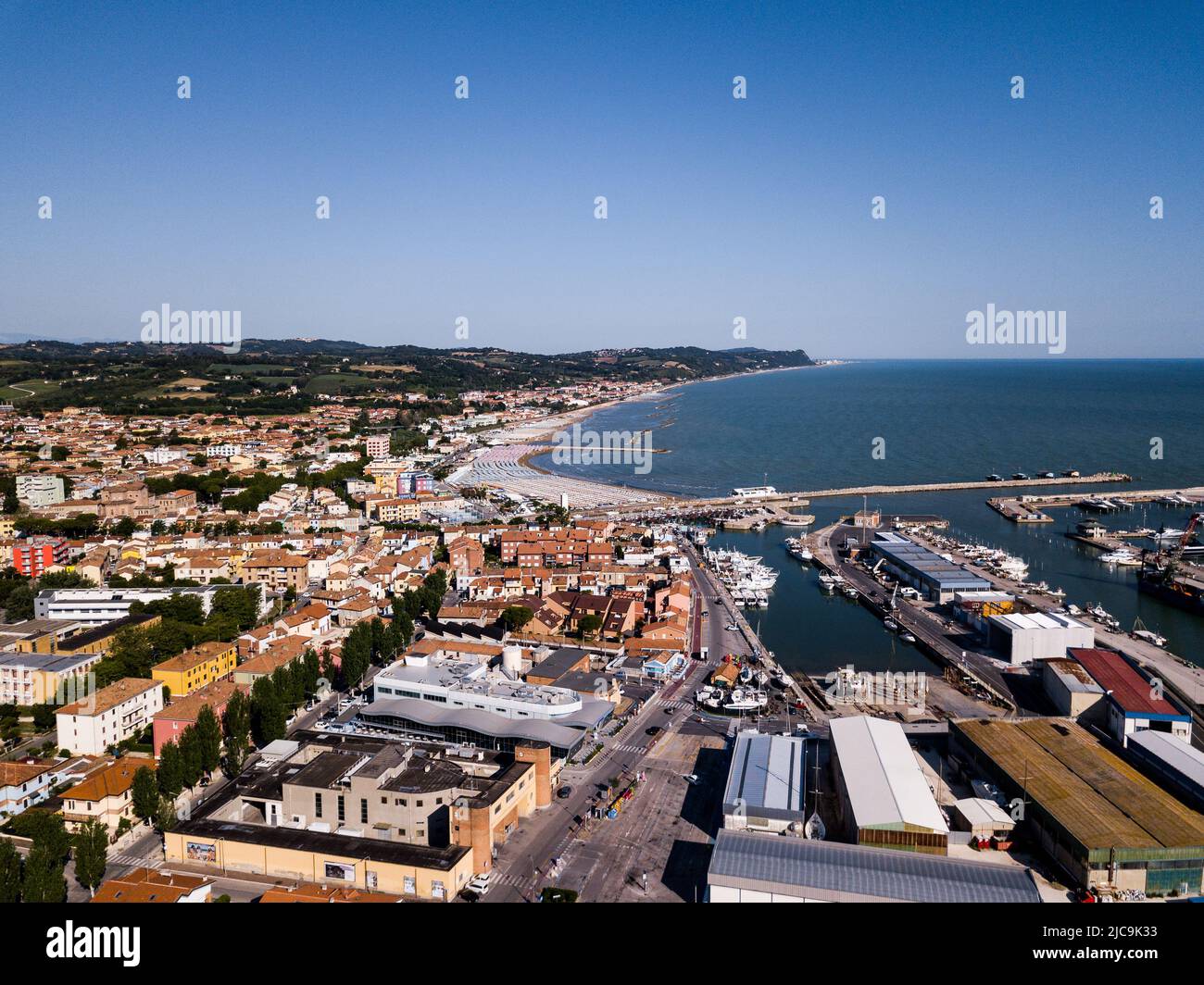 Italy, June 2022; aerial view of Fano with its sea, beaches, port ...