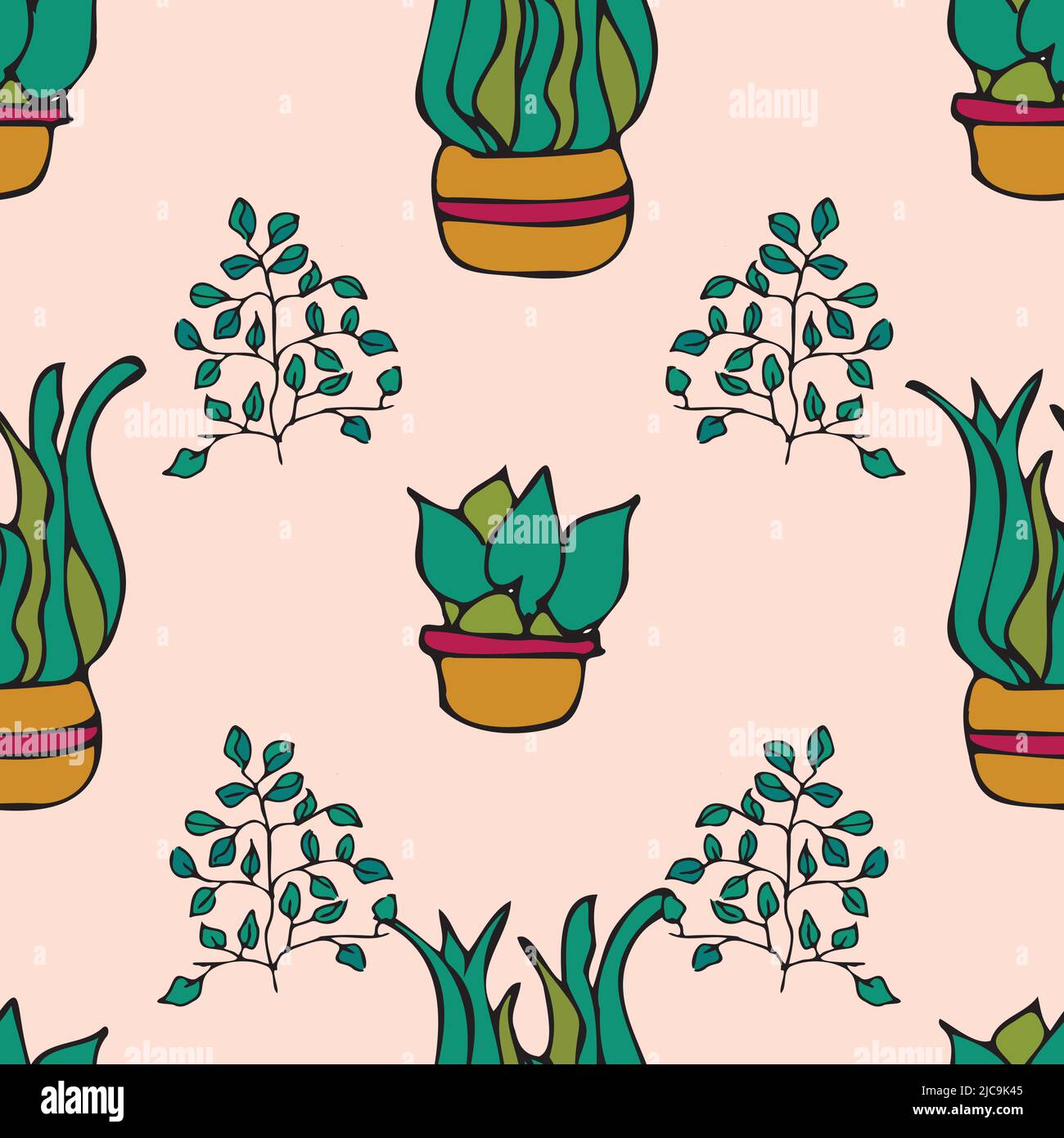 Vector white background plant in pot, succulents seamless pattern ...