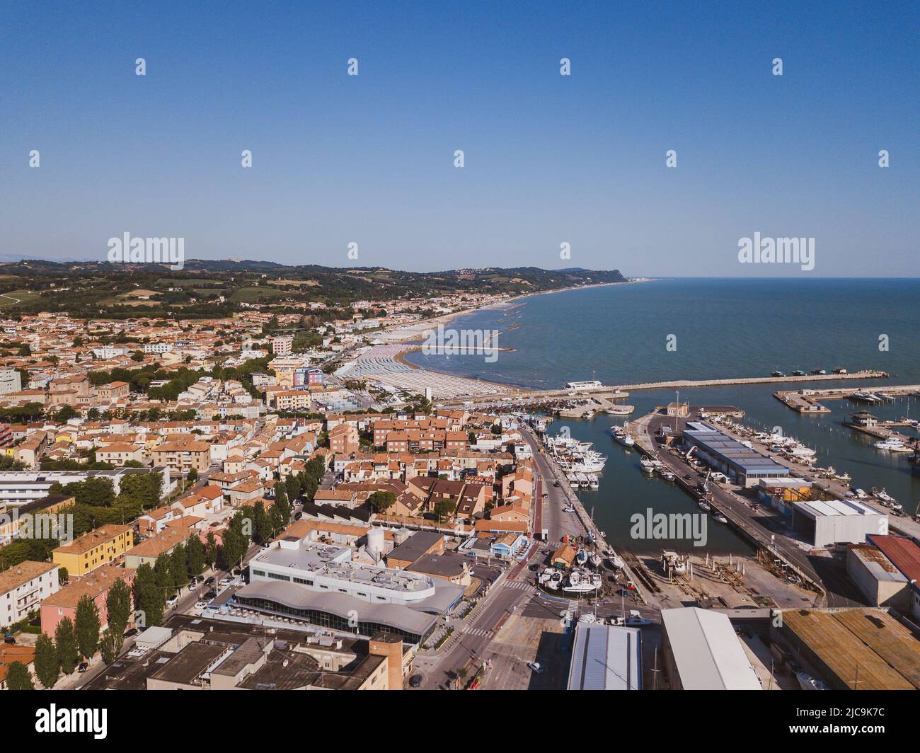 Italy, June 2022; aerial view of Fano with its sea, beaches, port ...