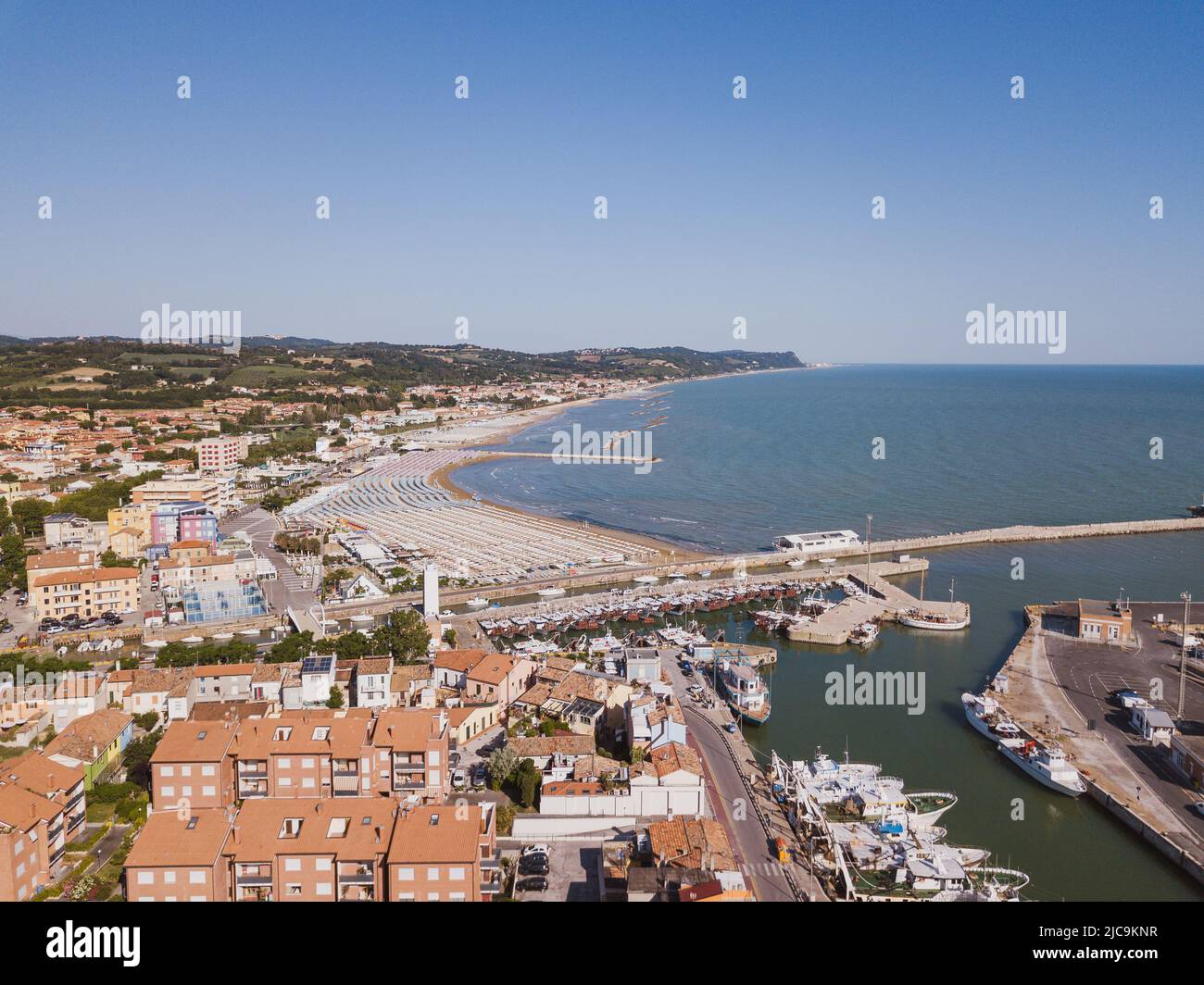 Italy, June 2022; aerial view of Fano with its sea, beaches, port ...