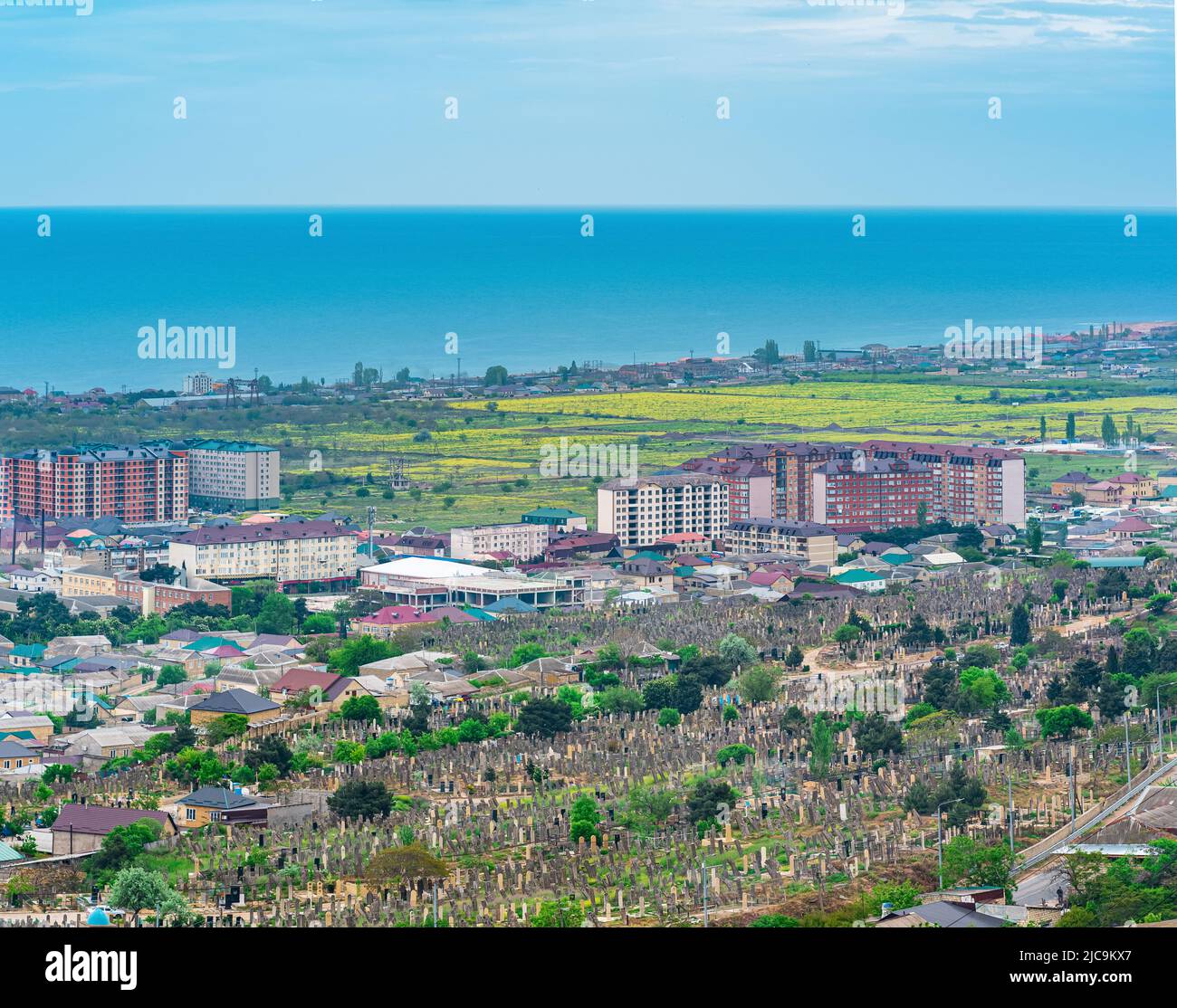 aerial view of the shore of the Caspian Sea in the vicinity of Derbent ...