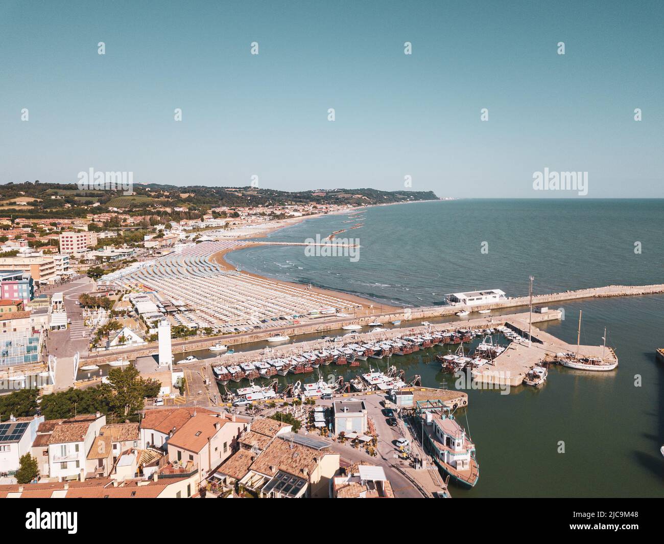 Italy, June 2022; aerial view of Fano with its sea, beaches, port ...